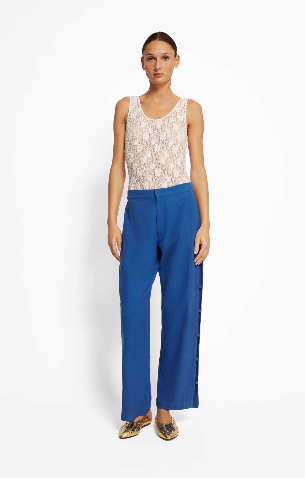 THADEE Blue Trousers – Cotton & Linen Handcrafted Knot Detail ...